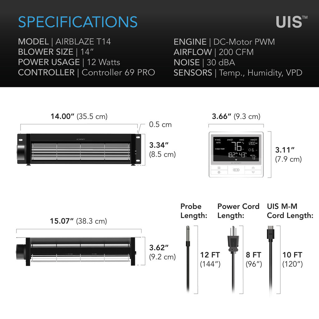 AC Infinity AIRBLAZE T14, Fireplace Blower Fan 14" with Controller ...